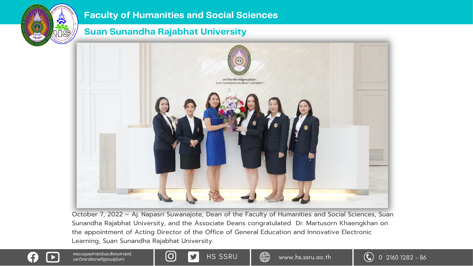 October 7, 2022 – Aj. Napasri Suwanajote, Dean of the Faculty of Humanities and Social Sciences ...