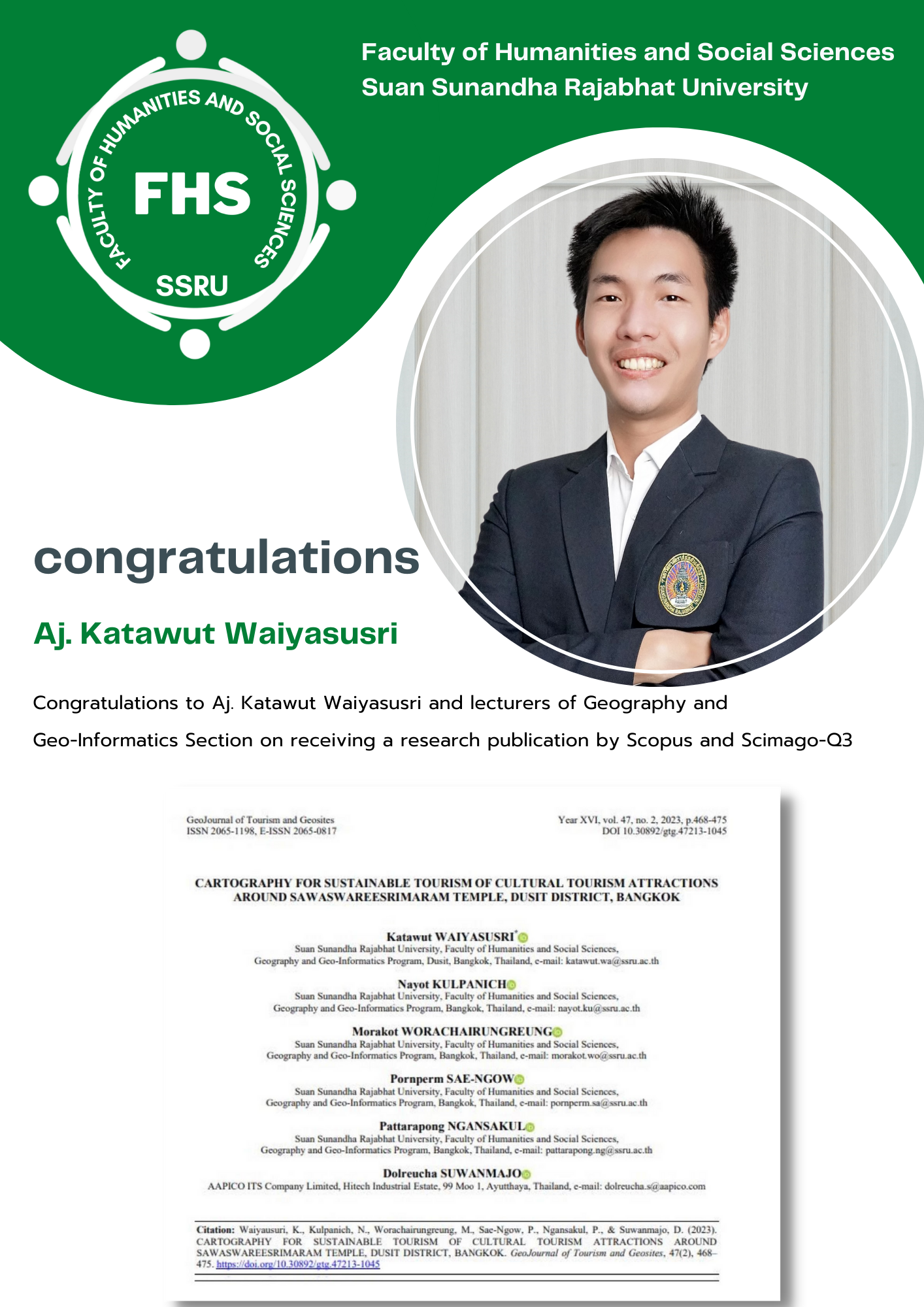 Congratulations to Aj. Katawut Waiyasusri and lecturers of Geography and Geo-Informatics Section ...
